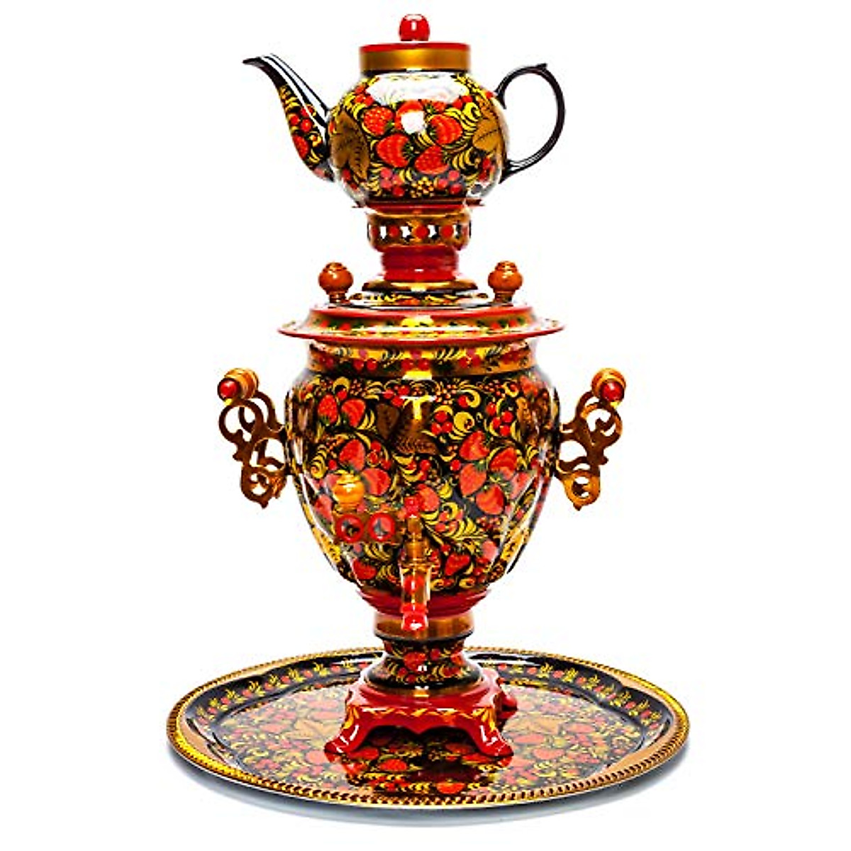Red Khokhloma Electric Samovar Kettle with Teapot and Tray