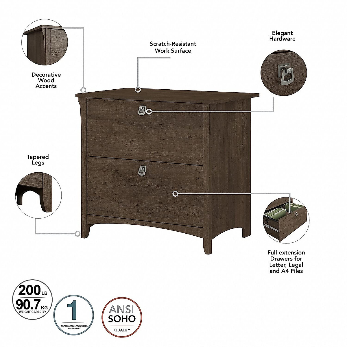Bush Furniture Salinas Lateral File Cabinet 2 Drawer File Cabinet in Ash Brown Office Storage Filing Drawer Home Office Storage Organizer