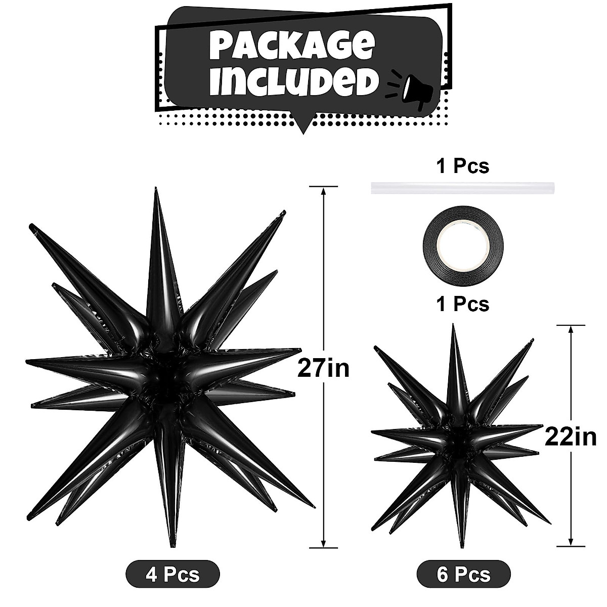 10 Pcs Star Balloons Explosion Starburst Balloons Foil Cone Balloons Magic for Birthday Wedding Anniversary Party Backdrops Decorations Supplies, 6 Pcs 22 Inches and 4 Pcs 27 Inches (Black)