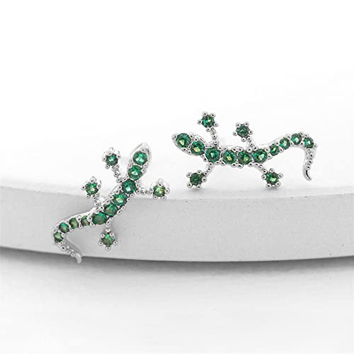 20G Green CZ Gecko Stud Earrings for Women Sterling Silver Post Cubic Zirconia Crystal Helix Screw Back Tragus Cartilage Ear Piercing Dainty Barbell Fashion Animal Body Jewelry Gifts (Silver)