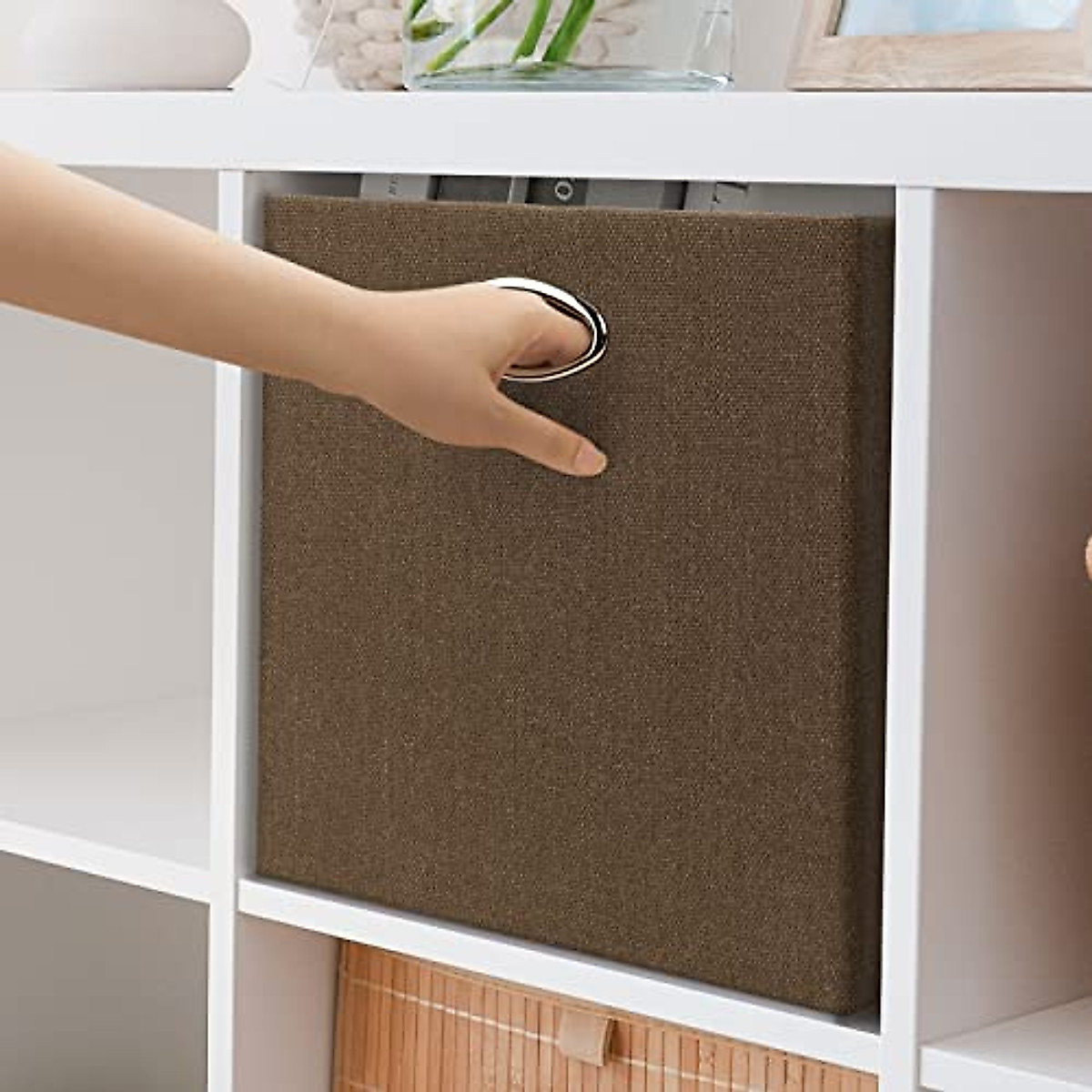 Posprica Cube Storage Bins 13×13 Fabric Foldable Box with Handles, Collapsible Organization Basket Set of 4 Large Capacity Drawer for Closet Shelf Cabinet Bookcase Bedroom, Dark Brown