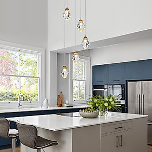 KOKAiZeeKi Dimmable Brass Gold Crystal Pendant Light - Modern 5-Light Diamond Chandelier for Kitchen Island, Dining Room, Hallway, and Bathroom