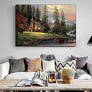 Stamped Cross Stitch Kits for Adults Beginners Forest Farm Farmhouse Boat Pattern 11CT Pre-Printed Fabric Embroidery Arts and Crafts Kit Needlepoint Starter DIY Wall Decor, 12 x 16 inch