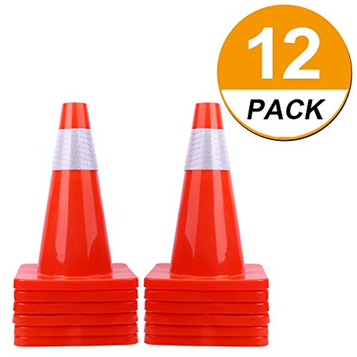 12 Pack 18" Traffic Cones Safety Road Parking Cones Weighted Hazard PVC Cones Construction Cones for Traffic Fluorescent Orange with w/4" Reflective Strips Collar Plastic Safety Signs (12)
