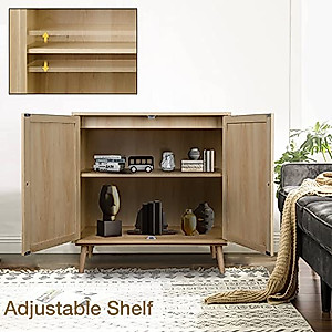 QHITTY Rattan Sideboard Buffet Cabinet, Accent Kitchen Storage Cabinet Console Table with Adjustable Shelves for Living Room, Dining Room, Bedroom (Natural)