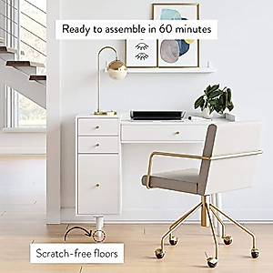 Nathan James Daisy Vanity Dressing Table or Makeup Desk with 4-Drawers and Brass Accent Knobs, White Wood