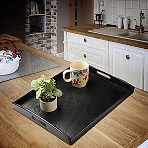 Jara19 Large Serving Tray Black Wood Rectangle for Ottoman Food Breakfast in Bed 17 x 13 x 2