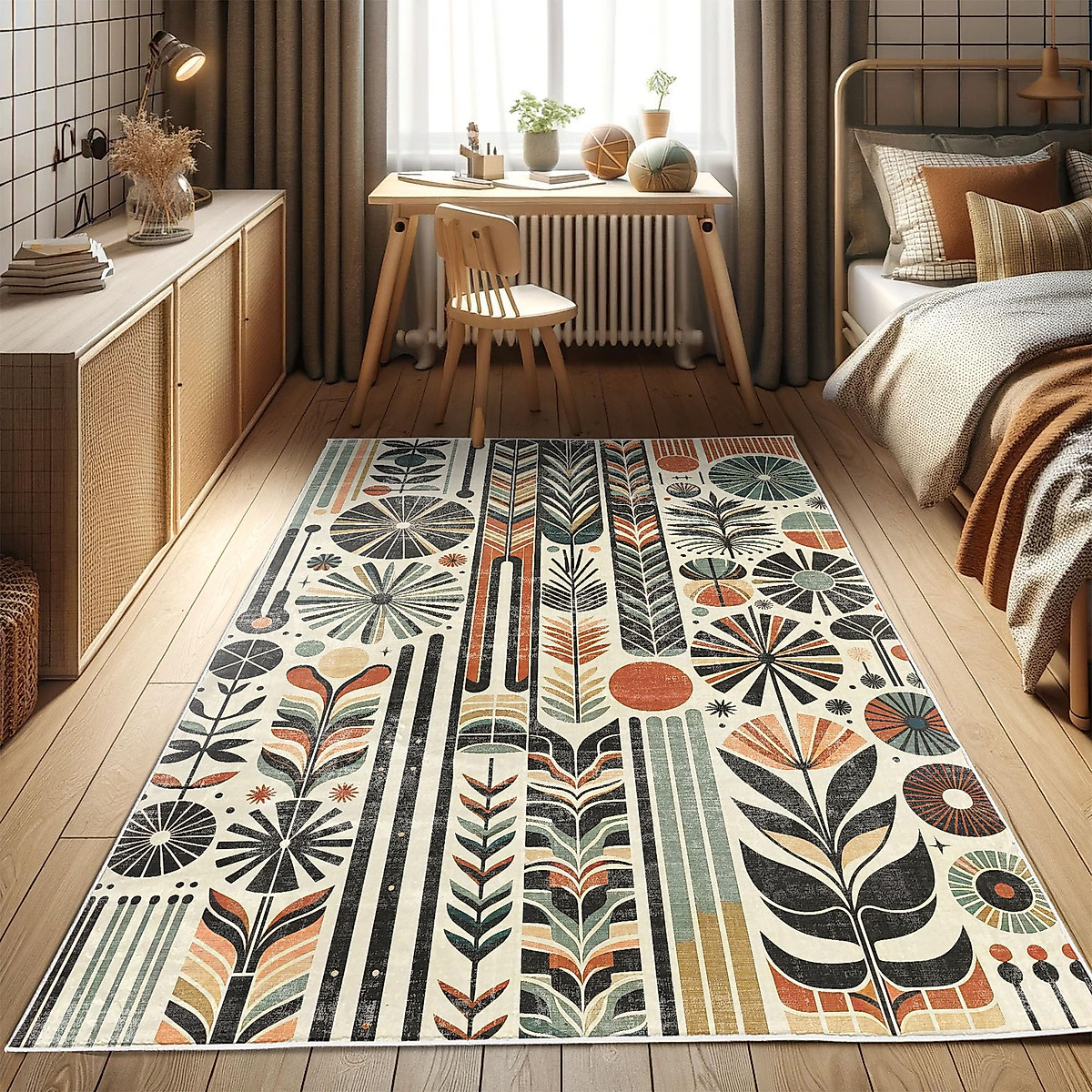 Ambesonne Bohemian Decorative Rug, Retro Mid Century Inspired Abstract Patterns on Ivory Background, Quality Carpet for Bedroom Dorm and Living Room, 4' X 5' 5", Dark Orange and Reseda Green