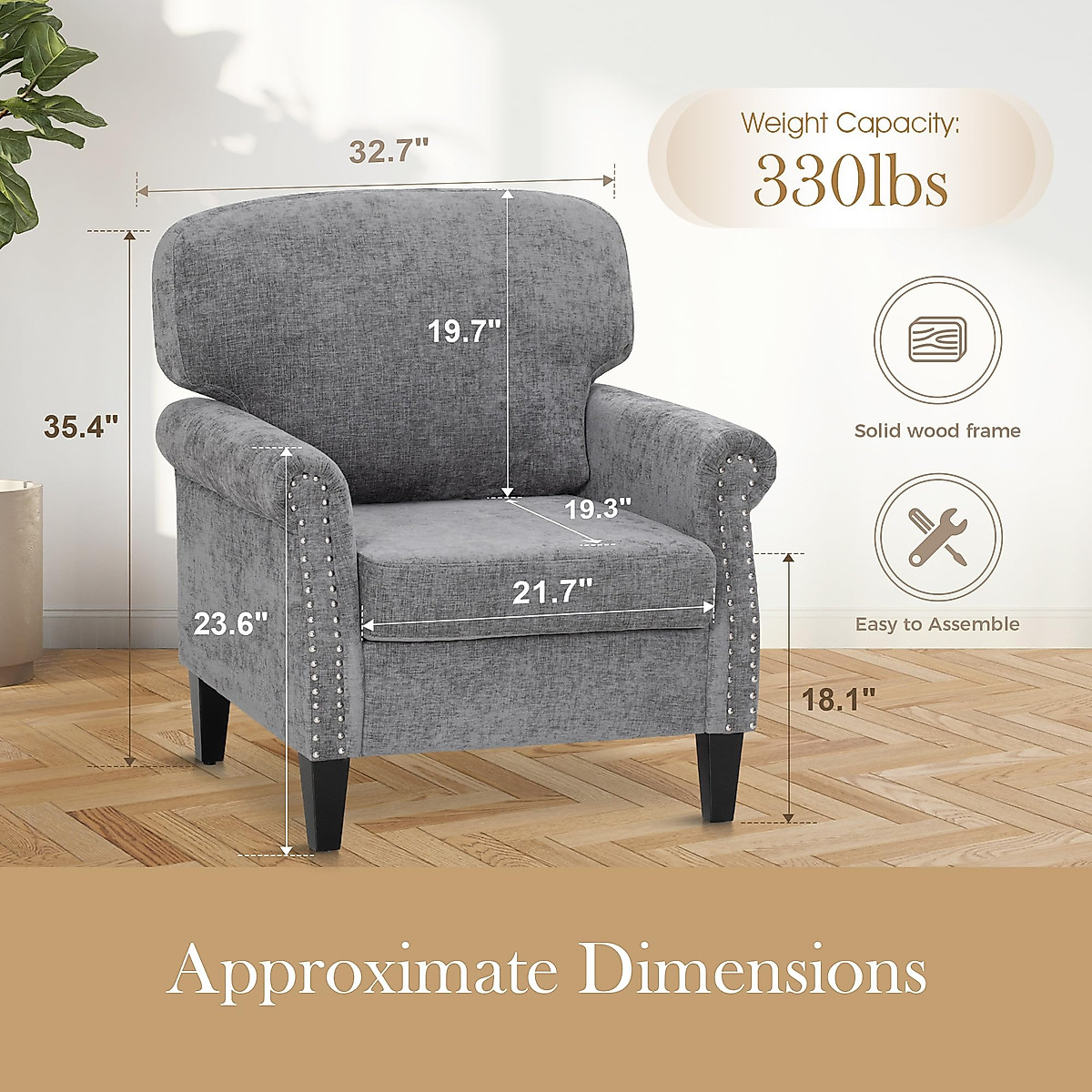 Sophia & William 3 Piece Living Room Furniture Set, 1 Loveseat & 2 Accent Chairs, Linen Fabric Comfy Sectional Sofa Couch for Living Room, Bedroom, Grey