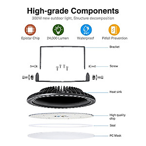 WUWAI 100W 200W 300W UFO LED High Bay Lights, 6500K Daylight White Ultra Thin Highbay Light Fixtures, IP65 Waterproof Bay Lighting for Garage Factory Warehouse Gym