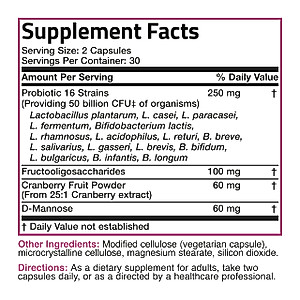 Bronson Women's Probiotic 50 Billion CFU + Prebiotic with Cranberry & D-Mannose – Vaginal Health, Healthy Digestion, Immune Function and Urinary Tract Support, Non-GMO, 60 Vegetarian Capsules