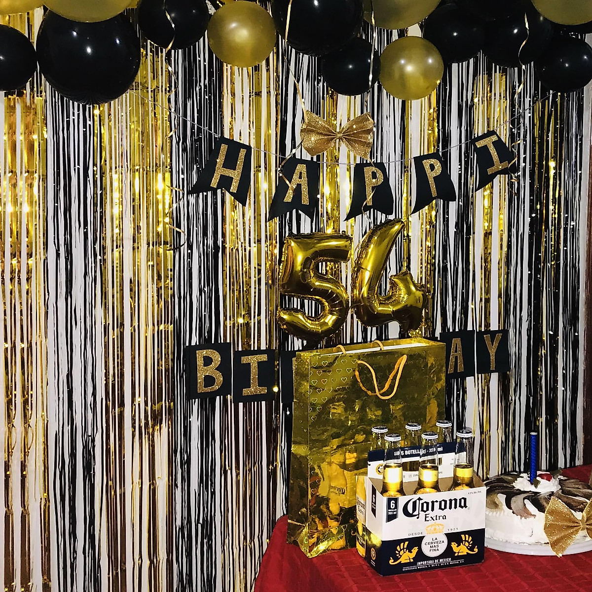 CANREVEL 2 Pack 3.3x8.2 Feet Black and Gold Foil Fringe Backdrop Curtains, Tinsel Streamers Birthday Party Decorations, Fringe Backdrop for Graduation, Baby Shower, Happy New Year, Disco Party