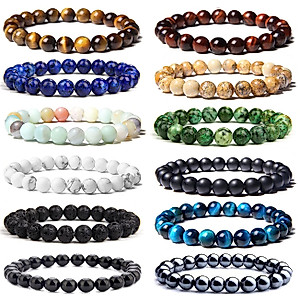 Svovin 12 Pcs 8mm Gemstones Beaded Bracelets for Men Women Semi-Precious Stone Stretch Round Bead Crystal Bracelets Unisex