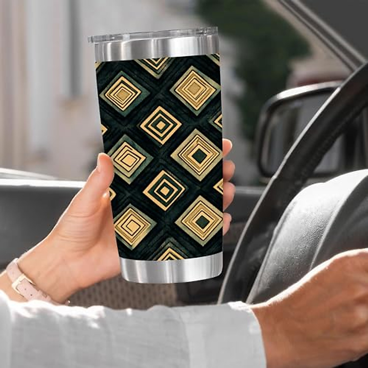 FOCIUZTA Vintage Gold Diamond Pattern Tumbler with lid, Travel Coffee Cup, Ideal for Easter, Gaming Enthusiast, Mother Day, and birthday gifts