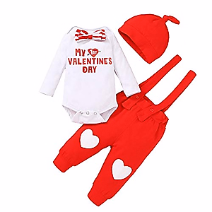 YOUNGER TREE 3PCS Newborn Infant Baby Boy Clothes My 1st Valentines Day Outfits Bow-tie Romper+Overalls Suspender Pants+Hat (6-12 Months, Bowtie Romper+Overalls +Hat)