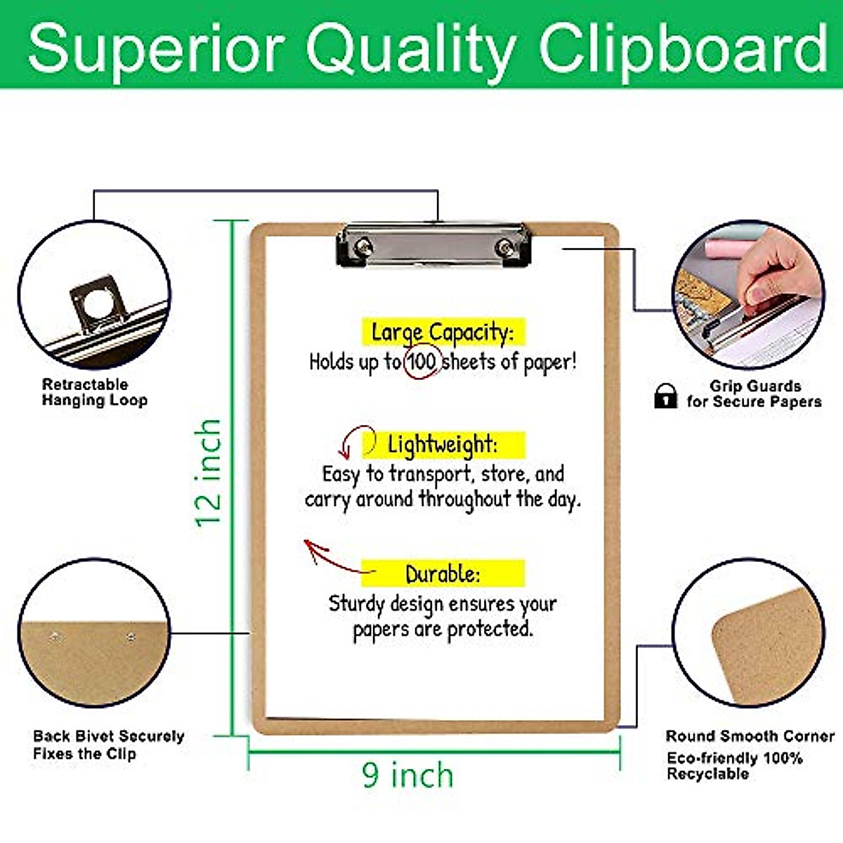 Clipboards,Set of 6 Multi Pack Clipboard, ECO Friendly Durable Wooden 9"x12" Hardboard | Holds 100 Sheets! with Strong Hangable Low Profile Clip | Standard A4 Letter Size Office Classroom Supplies