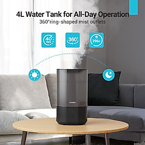 Livatro 4L Top Fill Humidifiers for Bedroom Large Room Nursery, Cool Mist Humidifier With Ultrasonic Quiet, Auto Shut-off and Easy to Clean, Last up to 40 Hours, Black