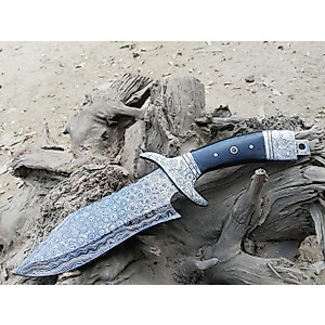 Nooraki BK-342 Handmade Damascus Steel Fixed Blade Bowie Knife with Leather Sheath, Multipurpose Knife, Damascus Bolster with Black Micarta Handle and Damascus guard for Everyday Carry, Camping, Hunting, 12 Length