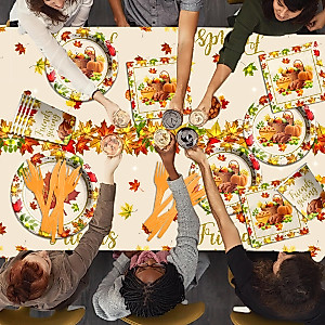Friends Giving Party Decorations,142Pcs Fall Tableware Includes Paper Plates,Tablecloth,Cups Autumn Pumpkin Maple Turkey Theme Decorations for Friends Giving Holiday,Fall Decoration