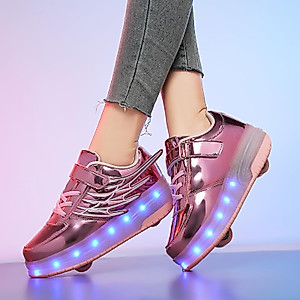 HOVERKICKES LED Roller Skate Shoes for Kids Boys Girls Light Up Roller Sneakers with Detachable Wheels Rechargeable Flashing Wheeled Shoes Pink