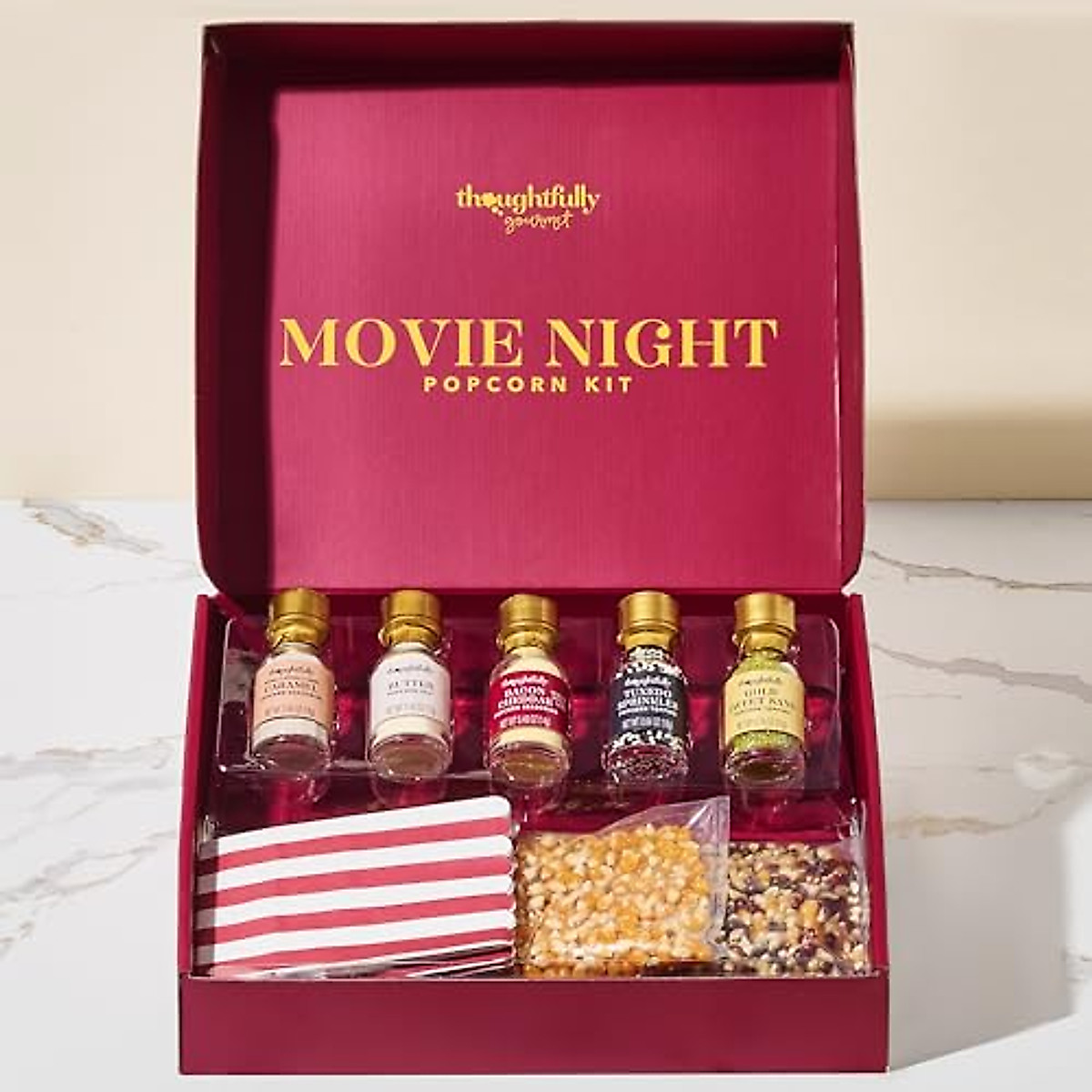Thoughtfully Gourmet, Movie Night Popcorn Set, Includes Yellow and Mixed Popcorn Kernels, 10 Paper Popcorn Bags, 5 Popcorn Seasonings & Toppings