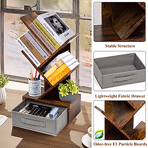 3 Tier Tree Bookshelf with Drawer, 23" H x 11.8" L x 6.7" W, Small Tree Tabletop Bookcase, Table Top Book Shelf for Living Room, Bedroom, Home Office, Rustic Brown