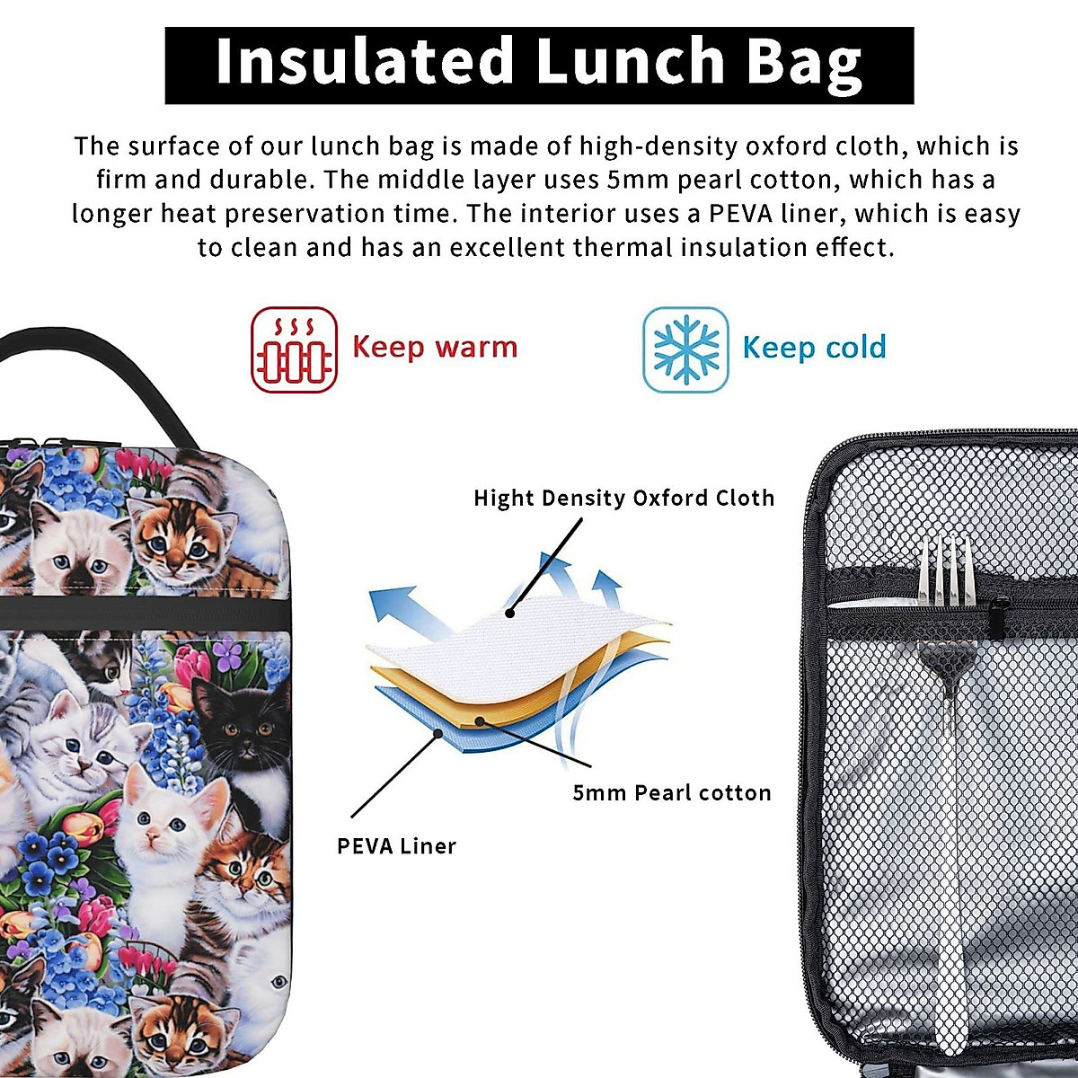 Lunch Bags for Women,Insulated Thermal Cat Lovers Gifts Lunch Tote Bag,Cute Cat Lunch Box with Front Pocket for Office Work Picnic Shopping (Cute Animal)