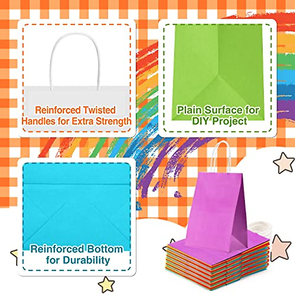 SHOPDAY 36 PCS Party Favor Bags 8x4.25x10.5 Gift Bags with Handles Bulk, Rainbow Kraft Paper Bags Goodie Bags 6 Assorted Colors Birthday Gift Bags Medium Sizes for Kids Wedding Craft Baby Shower Christmas