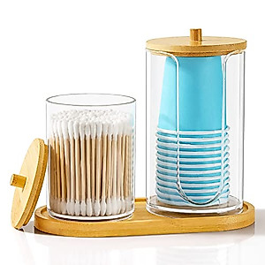 VITVITI Bathroom Cup Dispenser, Paper Cup Holder for Mouthwash Dispenser, Floss Cotton Swab Canister Cotton Ball Holder for Vanity with Bamboo Tray/Lid, Clear