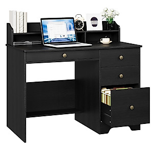 TTVIEW Computer Desk with Drawers and Hutch Shelf, Wood Executive Desk Writing Study Table with 43” Wide Tabletop, Small Desk with File Drawer for Home Office Bedroom, Black