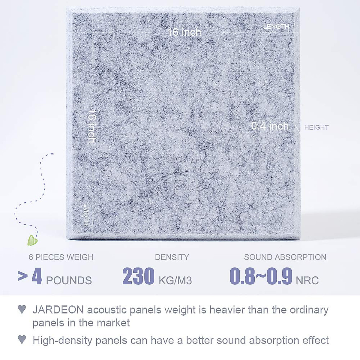 Jardeon Sound Proof padding Large Acoustic Panels Silver Gray Sound Absorber Decoration Wall Panels, Beveled Edge, 16'' X 16'' X 04'', 6 Pack