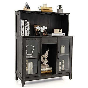 LOKO Wine Bar Cabinet, Liquor Cabinet with Removable Wine Rack, Farmhouse Buffet Sideboard Storage Cabinet with Adjustable Shelves & Tempered Glass Doors, 38.5 x 16 x 48.5 inches (Black)