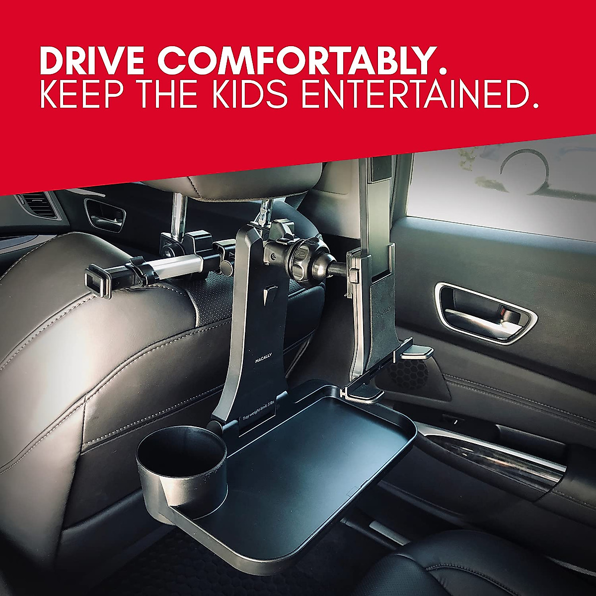 Macally Tablet Mount for Car - iPad Holder with Folding Table Tray - 360 Rotatable - Compatible with Tablets 4.5-10" Wide