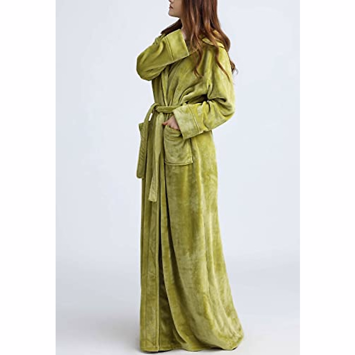 Flygo Women's Long Robe with Hood Soft Warm Full Length Sleepwear Luxurious Plush Fleece Winter Ladies Robes (X-Large, Green)