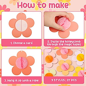 Shappy 27 Set Daisy Flower Honeycomb Balls Decorations Daisy Flower Hanging Ceiling Sign Retro Groovy Decor Hippie Boho Party Supplies for Themed Party Birthday Bridal Shower