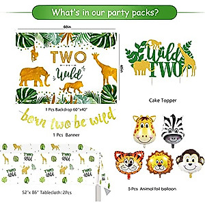 NAIWOXI Two Wild Birthday Decorations - Safari Jungle Theme 2nd Birthday Party Supplies Includes Banner, Backdrop, Balloons Arch, Tablecloth, Topper, Two Wild Jungle Safari Theme Party Decorations