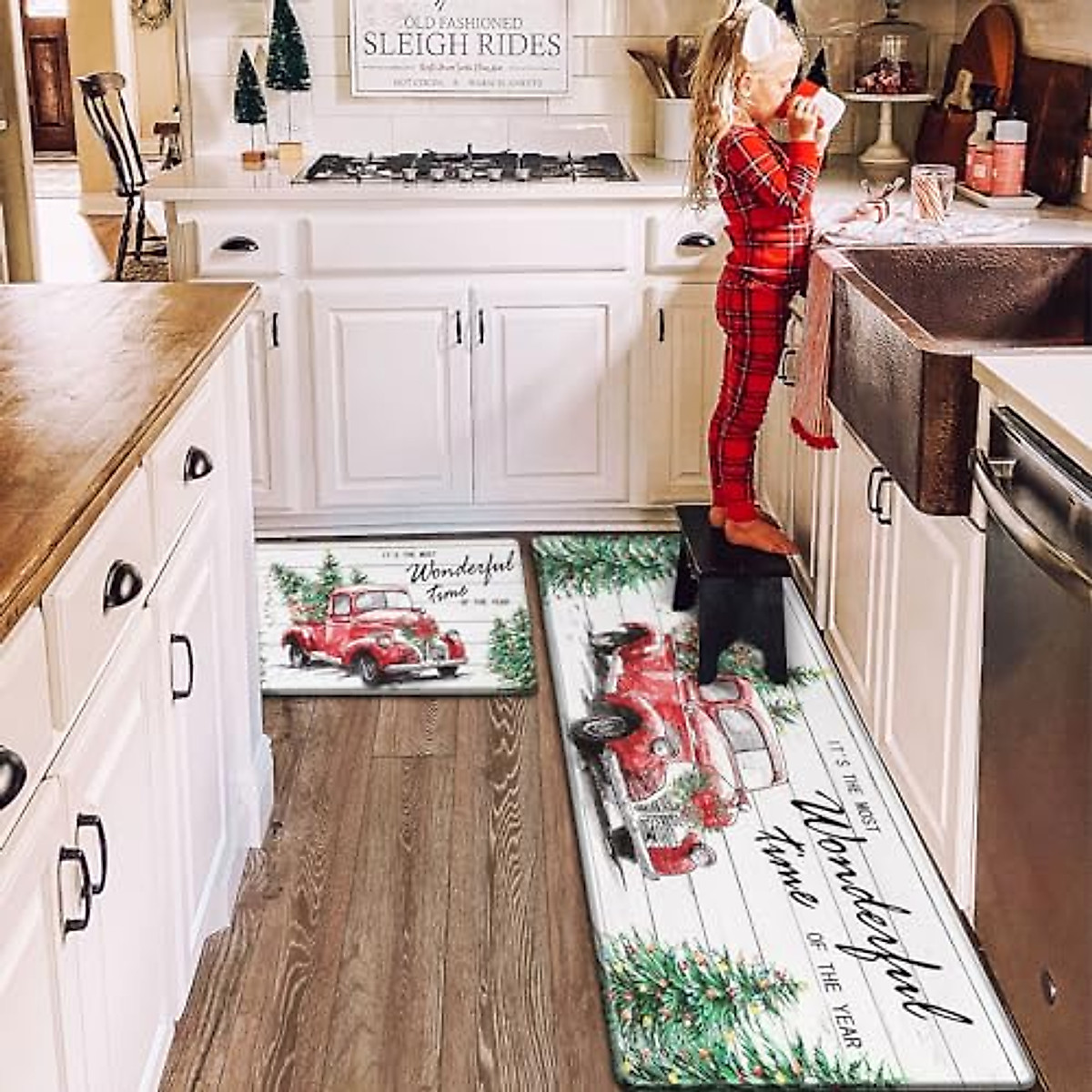 KIMODE Christmas Kitchen Rugs Set of 2,Red Truck Xmas Tree Kitchen Rugs and Mats,Anti Fatigue Non Slip Kitchen Floor Mat,Farmhouse Comfort Standing Mat,Christmas Decorations for Home Kitchen