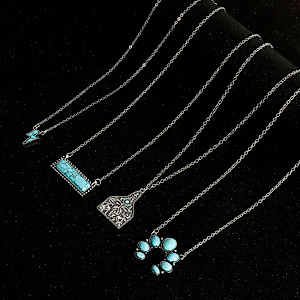 4 Pcs Western Jewelry Set for Women Bohemian Delicate Turquoise Necklace Set Women's Elegant Stainless Steel Vintage Turquoise Jewelry Set Square Boho Pendant Long Choker for Party Womens Accessories