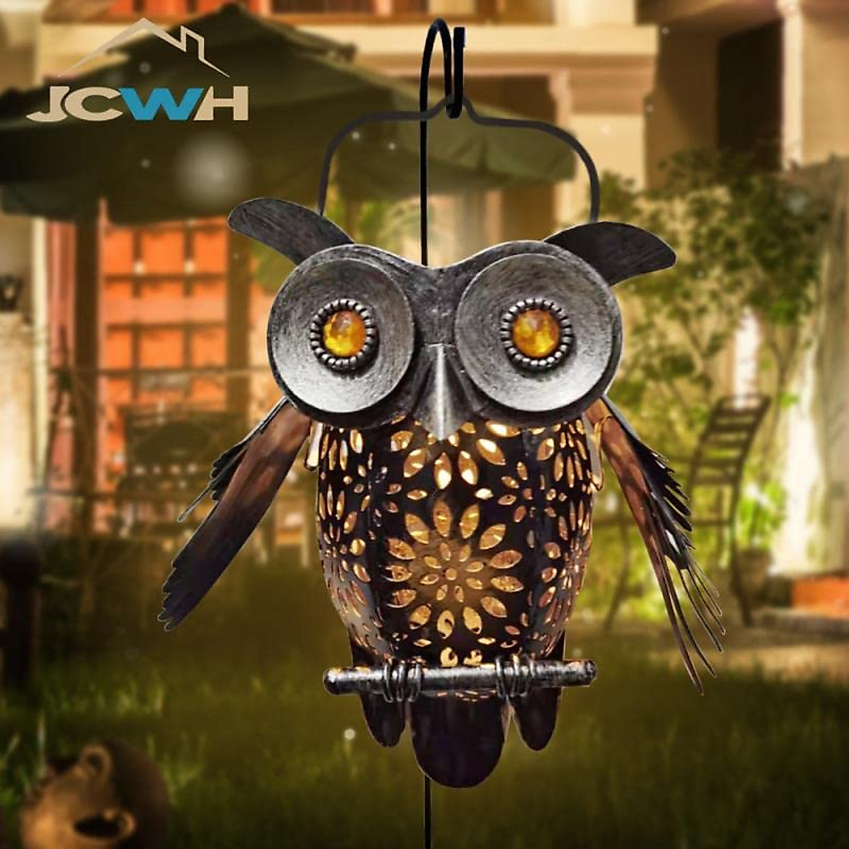JCWH Fake Owl Solar Light,Auto On-Off Black Metal Waterproof,Animal Statue Decorative with Sheep Hook for Garden Backyard