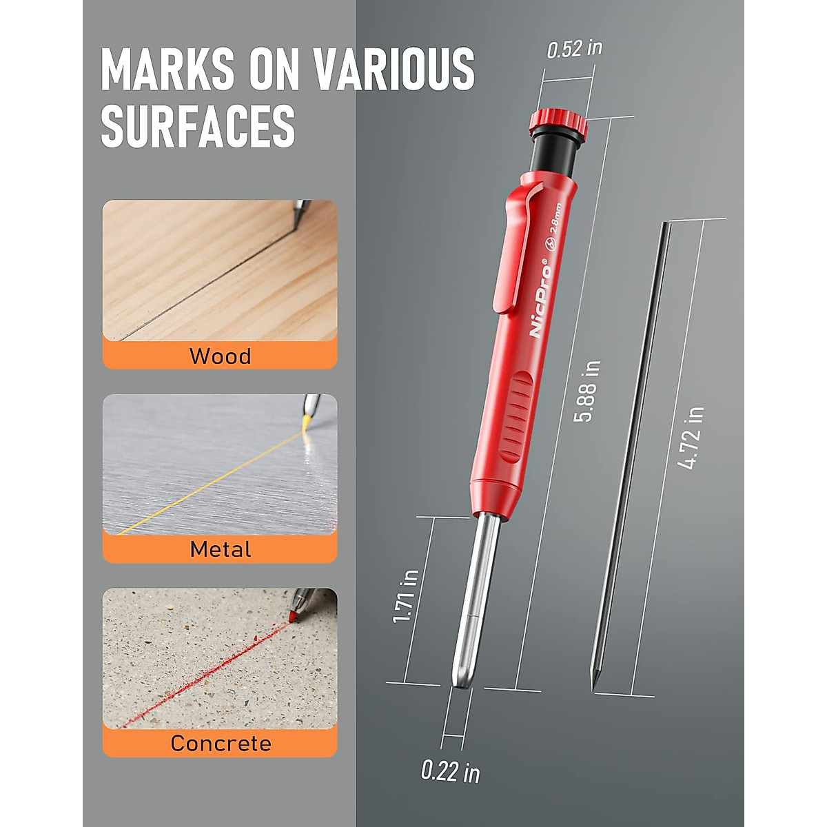 Nicpro Carpenter Pencil with Sharpener, Mechanical Pencils Set with 26 Refills, Deep Hole Marker for Construction, Heavy Duty Woodworking Pencils for Architect (Black, Red) - With Case
