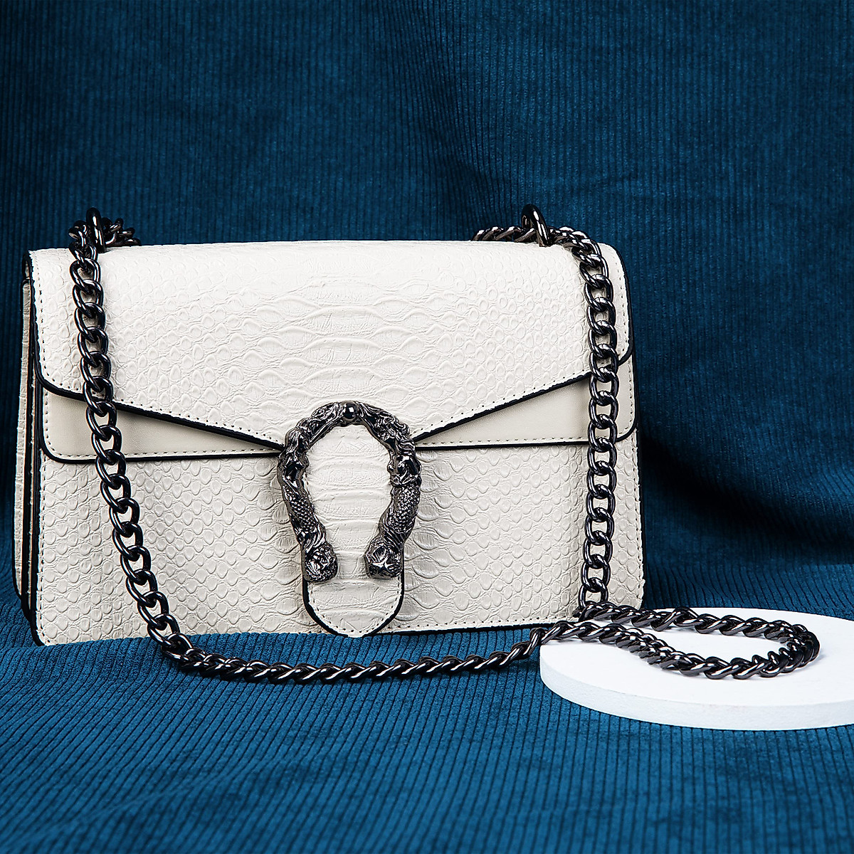 Aiqudou Crossbody Shoulder Square Purse For Women - Fashion Embossed Snake-Print Leather Handbag Metal Chain satchel Tote Bag