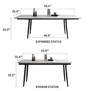 Luck Live 62.9'' to 94.4'' Extendable Dining Tables for 4 to 8 - New sintered Stone Material Rectangle Dining Table -High Hardness，White, Easy