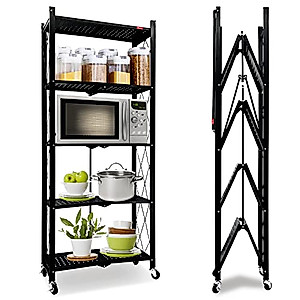 5-Shelf Foldable Storage Shelves with Wheels, Large Capacity Shelving Unit, Freestanding Metal Wire Shelf Rack, No Assembly Organizer Rack for Garage Kitchen, Basement, Pantry, Heavy Duty