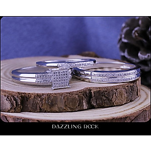 Dazzlingrock Collection Round White Diamond Square Head Filigree Wedding Trio Ring Set (0.25 ctw) in 925 Sterling Silver, Women size 9 and Men size 10