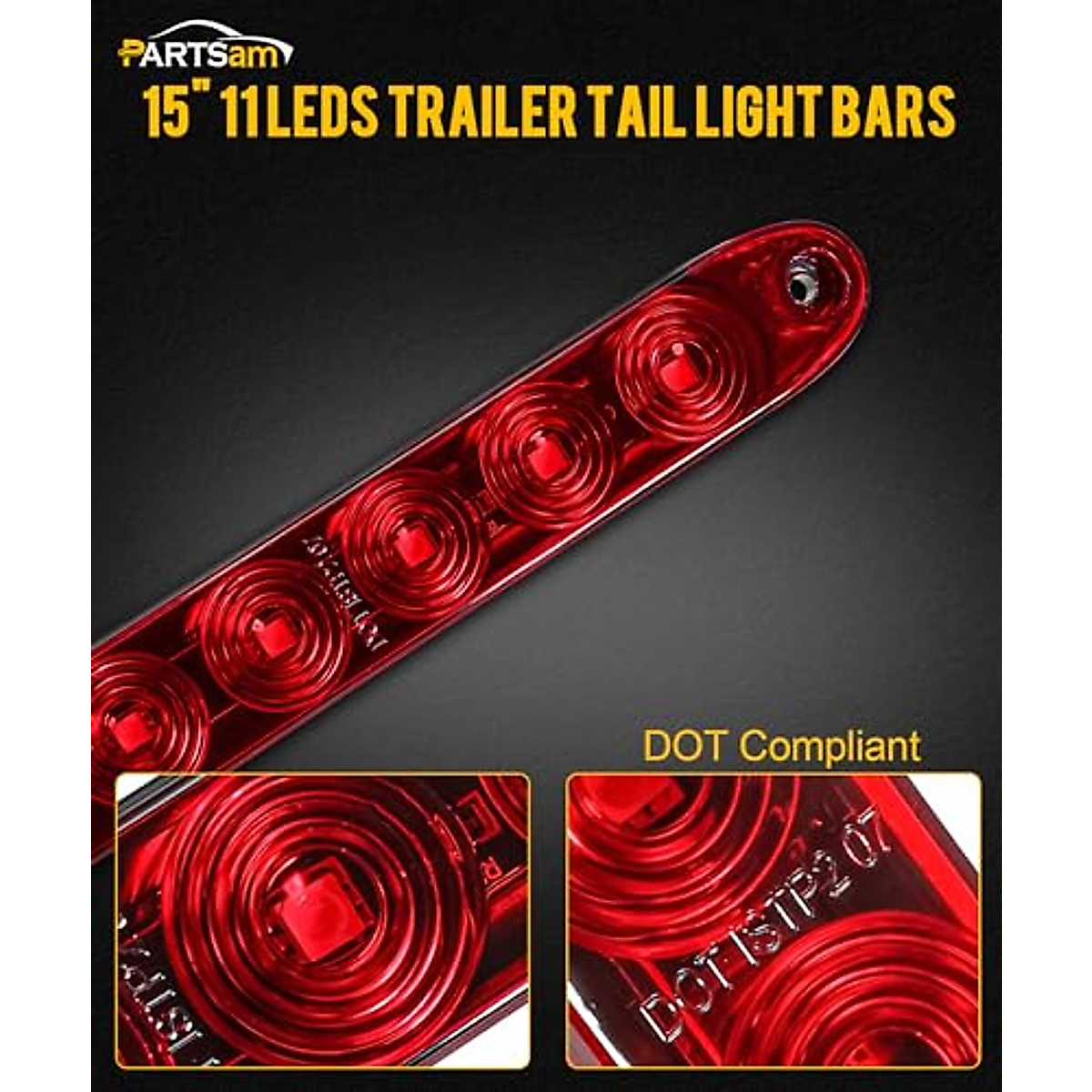Partsam 1PC Red 15" 11 LED Light Bar Stop Turn Tail 3rd Brake Light Truck Trailer Identification ID Bar Waterproof DOT Compliant