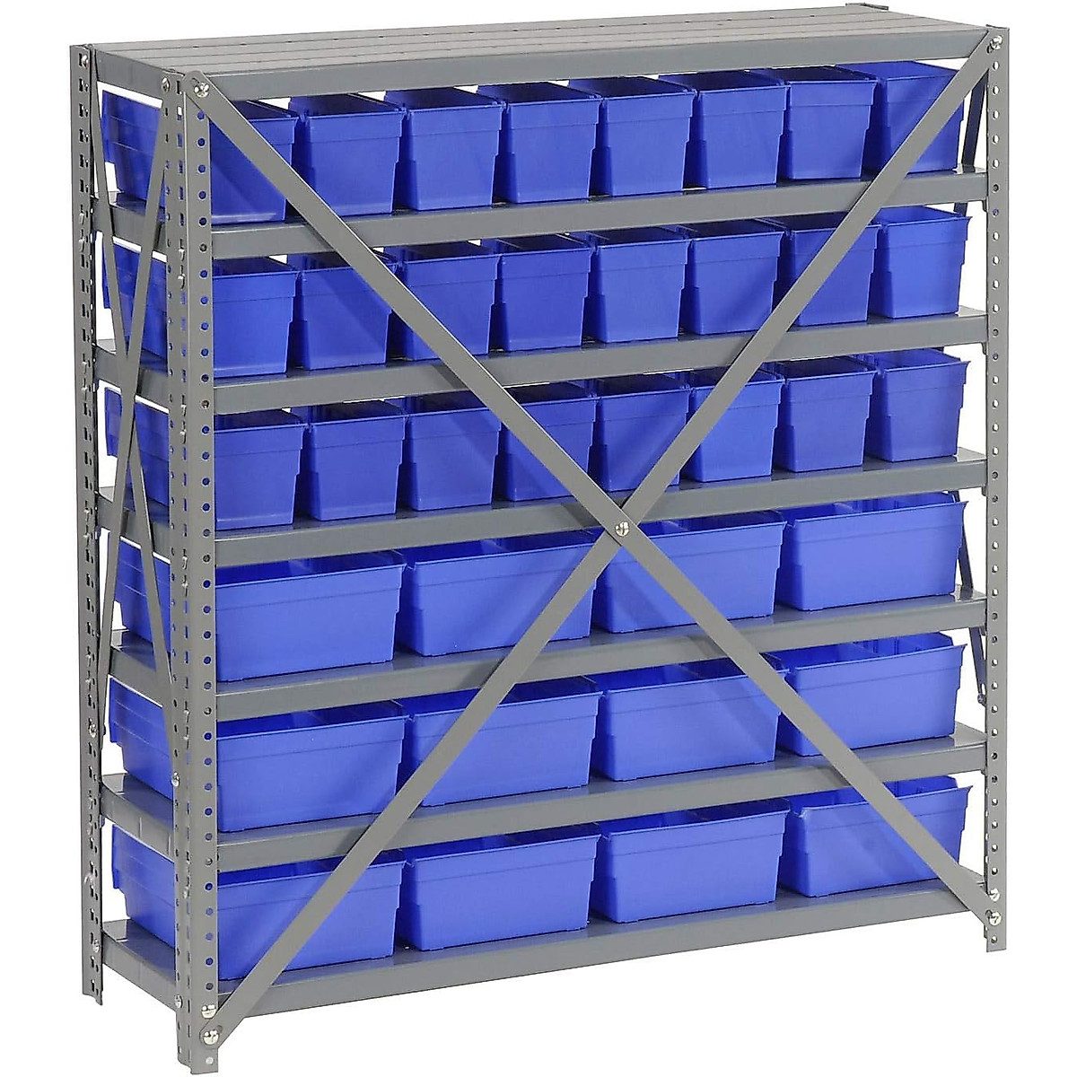 Global Industrial 7 Shelf Steel Shelving with (36) 4" H Plastic Shelf Bins, Blue, 36x12x39