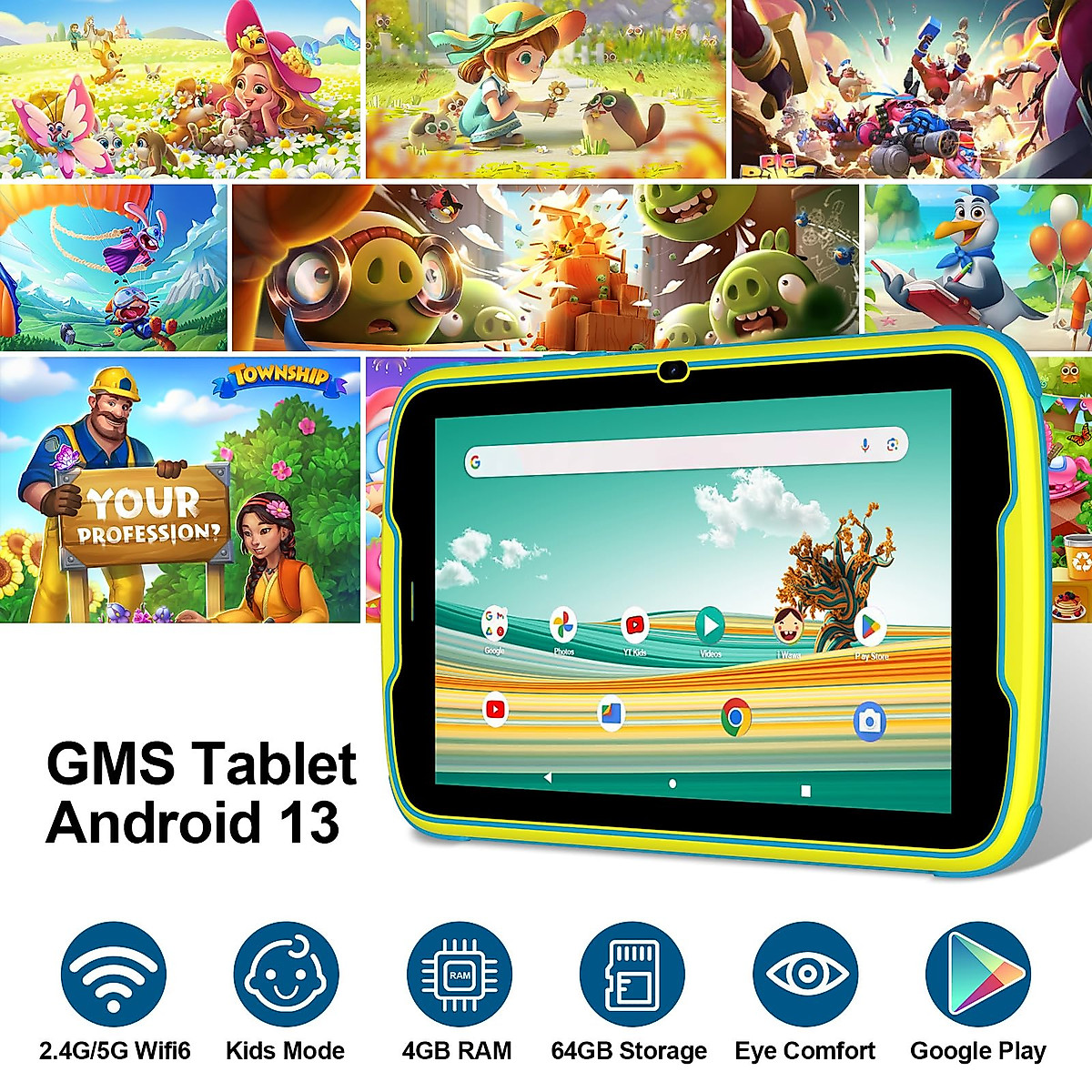 PRITOM 8 inch Kids Tablet, Android 13, 4GB RAM, 64GB ROM,Parental Control, Kids app, Quad Core Processor, 1280 * 800HD IPS Screen, Dual Camera, 2.4G&5G Wifi6, with Durable Stand(Yellow)