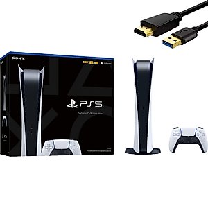 Sony PlayStation 5 Digital Edition 825GB Gaming Console + 1 Wireless Controller for PS5, 8-Core x86-64-AMD Ryzen Zen 2 CPU, 16GB GDDR6, 8K Output, Up to 120FPS, Michooyel HDMI_Cable