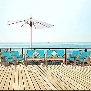 Tangkula 8 PCS Acacia Wood Patio Furniture Set, Outdoor Seating Chat Set w/Gray Cushions Back Pillow, Outdoor Conversation Set w/Coffee Table for Garden, Backyard, Poolside
