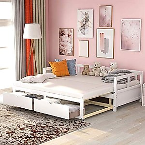 Daybed with Trundle and Drawers, Twin to King Design Sofa Bed,Wooden Extendable Bed Daybed for Bedroom Living Room, White